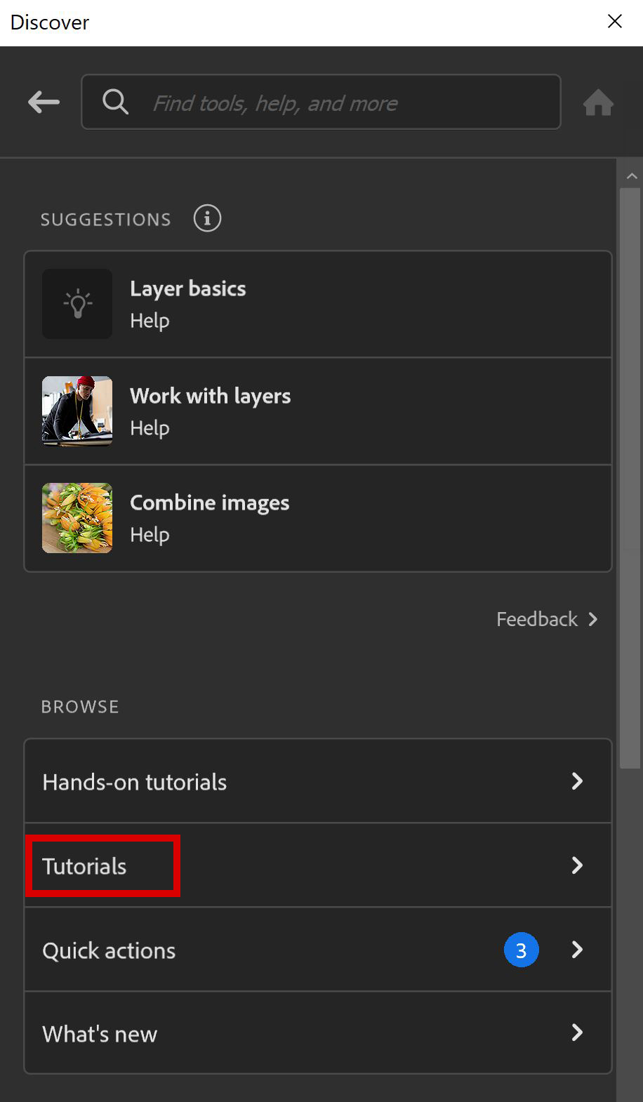 Find and follow tutorials within Adobe Photoshop