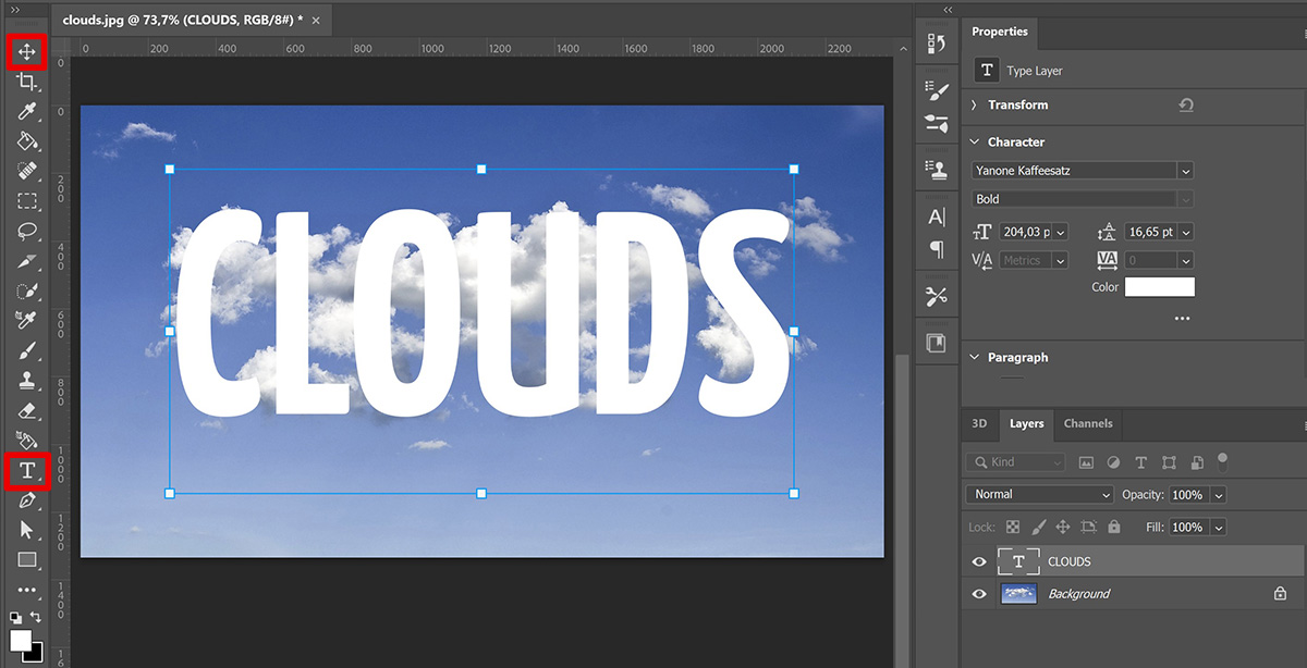 Place a text behind clouds in Photoshop - Edit with Kim