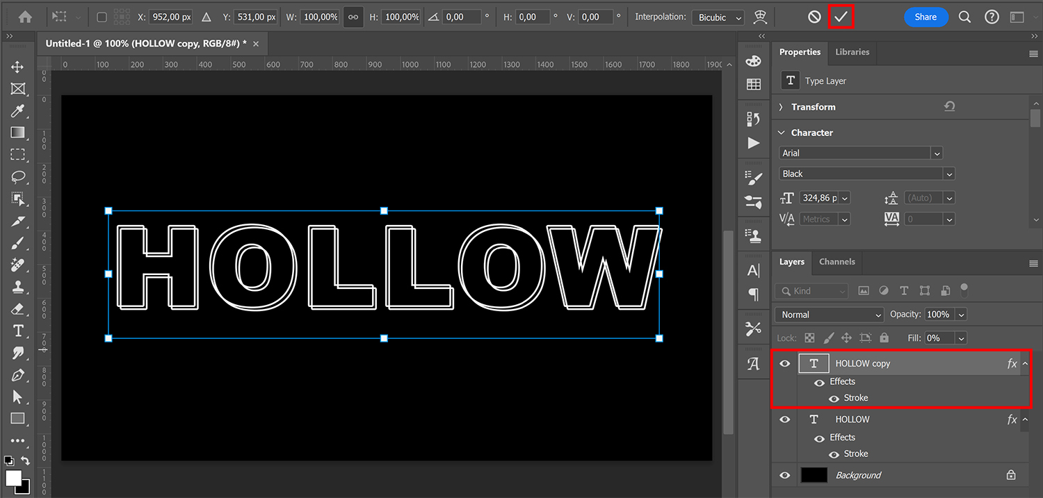 Transparent 3D text with outline in Photoshop - Edit with Kim