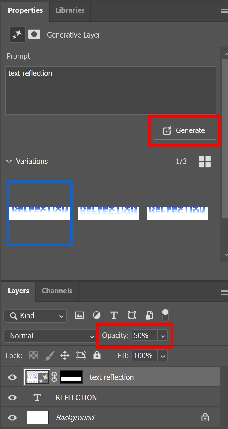 Text reflection with Generative Fill in Photoshop